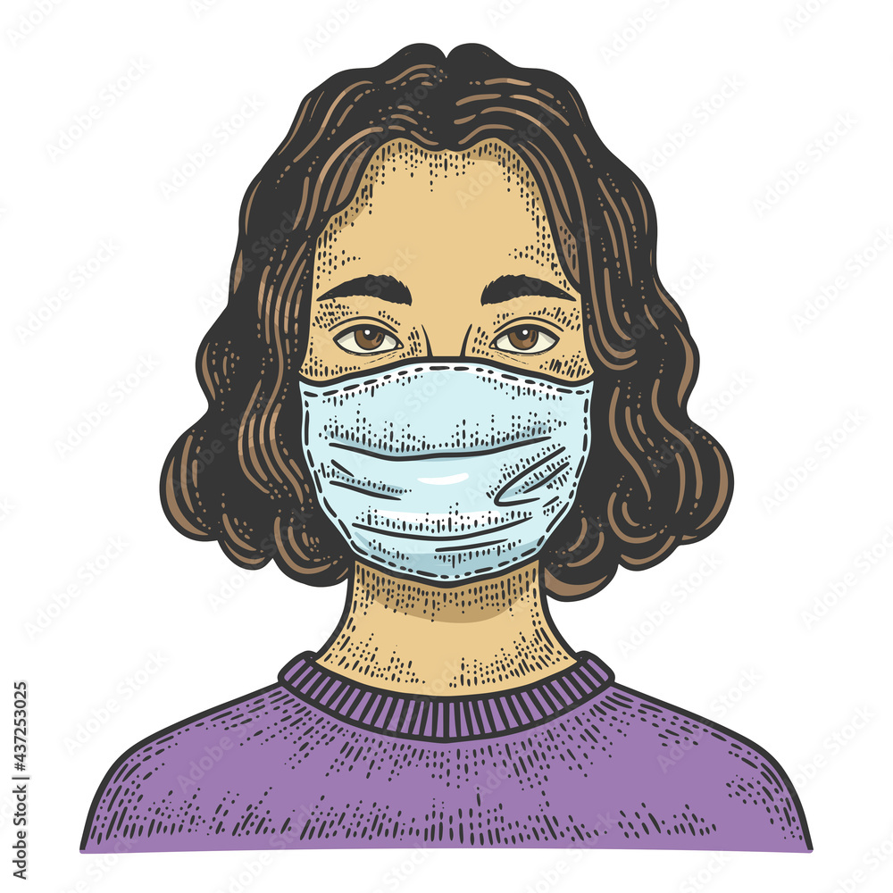 Young woman in medical surgical mask color line art sketch engraving ...