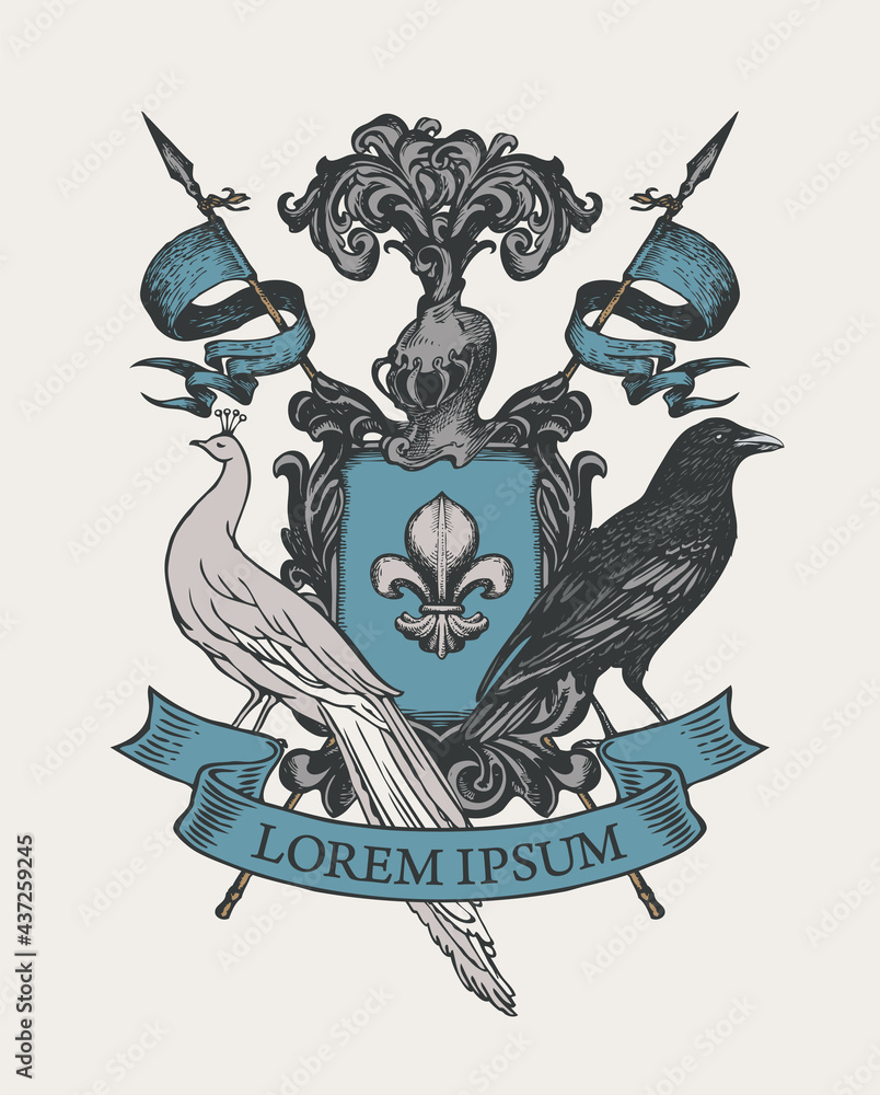Hand-drawn Coat of arms with light peacock, black raven, flags, ribbon ...