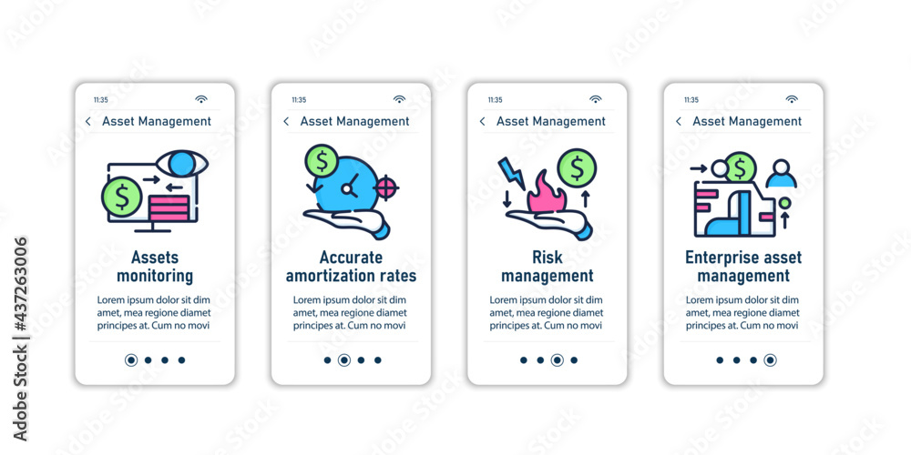 Asset management onboarding mobile app screens.Monitoring, amortization ...