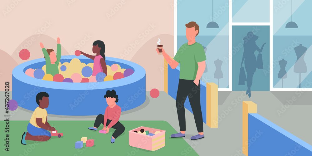 Shopping mall playground flat color vector illustration. Kids having ...