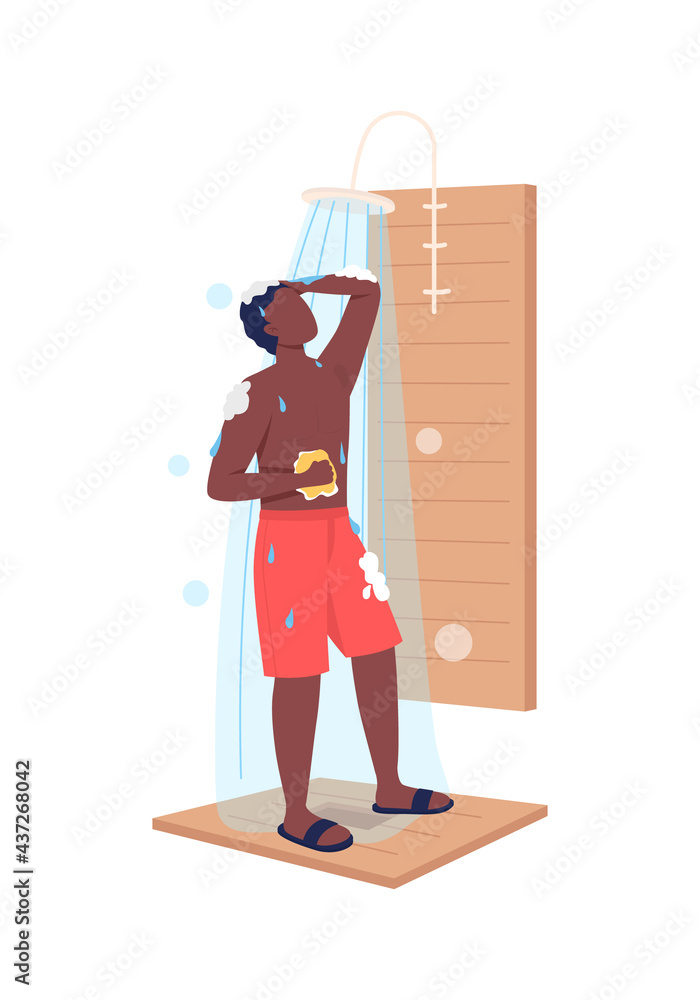 Boy taking shower semi flat color vector character. Man figure in swim ...