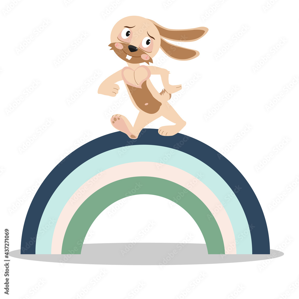 Rabbit. A cute cartoon rabbit walking forward on a rainbow. Stock ...