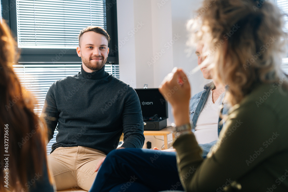 Male trainer conduct corporate training with creative business team ...