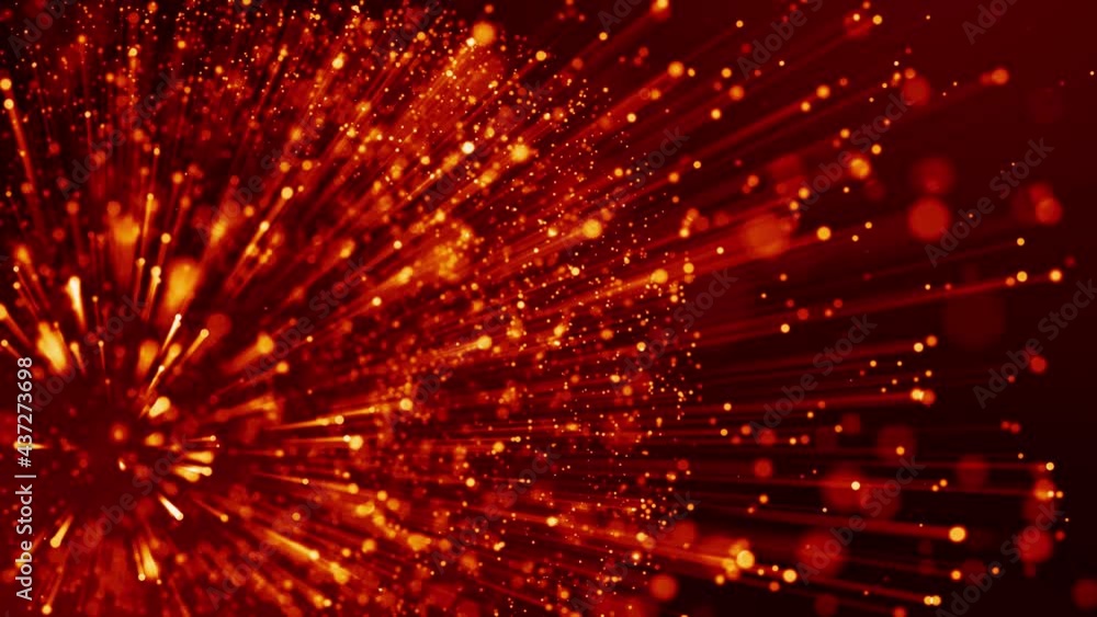 4k 3d animation with light effects. Red yellow particles float in ...