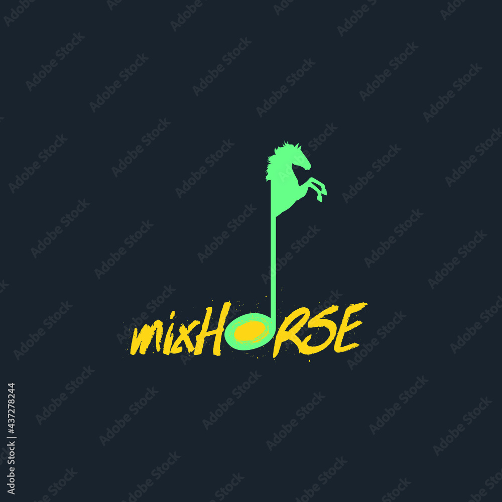 Green music note, text and horse vector logo design with dark blue ...