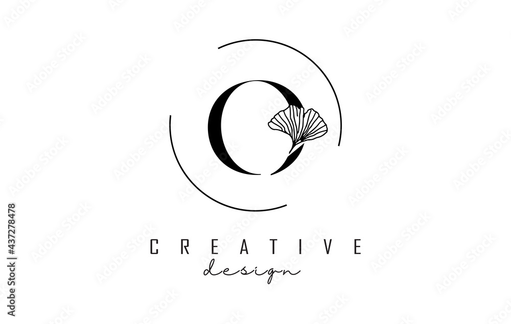 Letter O logo design with uppercase, leaf detail and circle frame ...