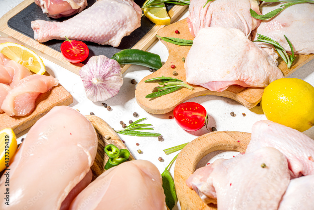 Various raw chicken meat portions. Set of uncooked chicken fillet ...