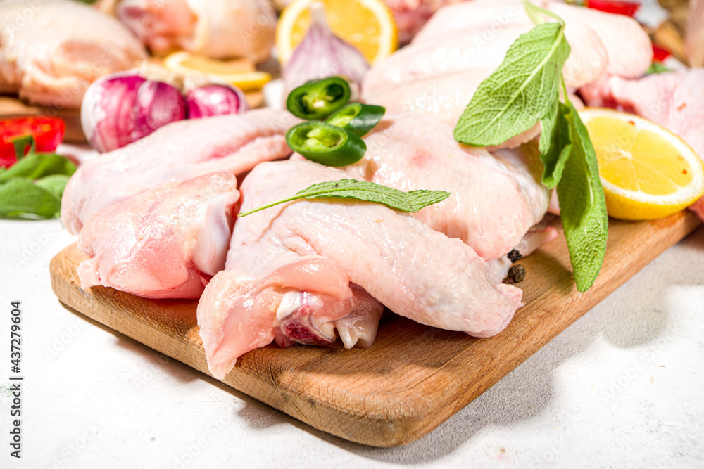 Various raw chicken meat portions. Set of uncooked chicken fillet ...