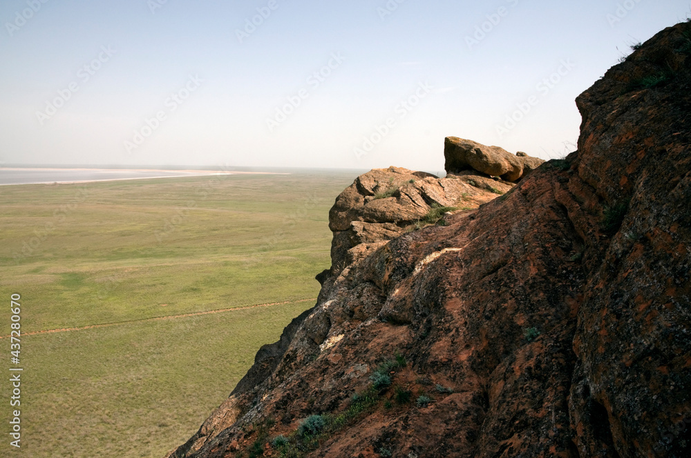Sandstone of Mount Bogdo in the steppe in the Astrakhan region (Caspian ...