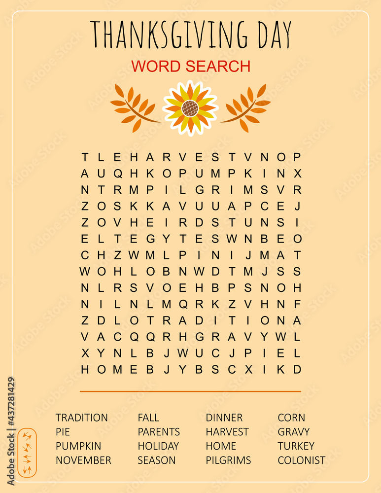 Thanksgiving Day word search puzzle. Logic game for learning English ...