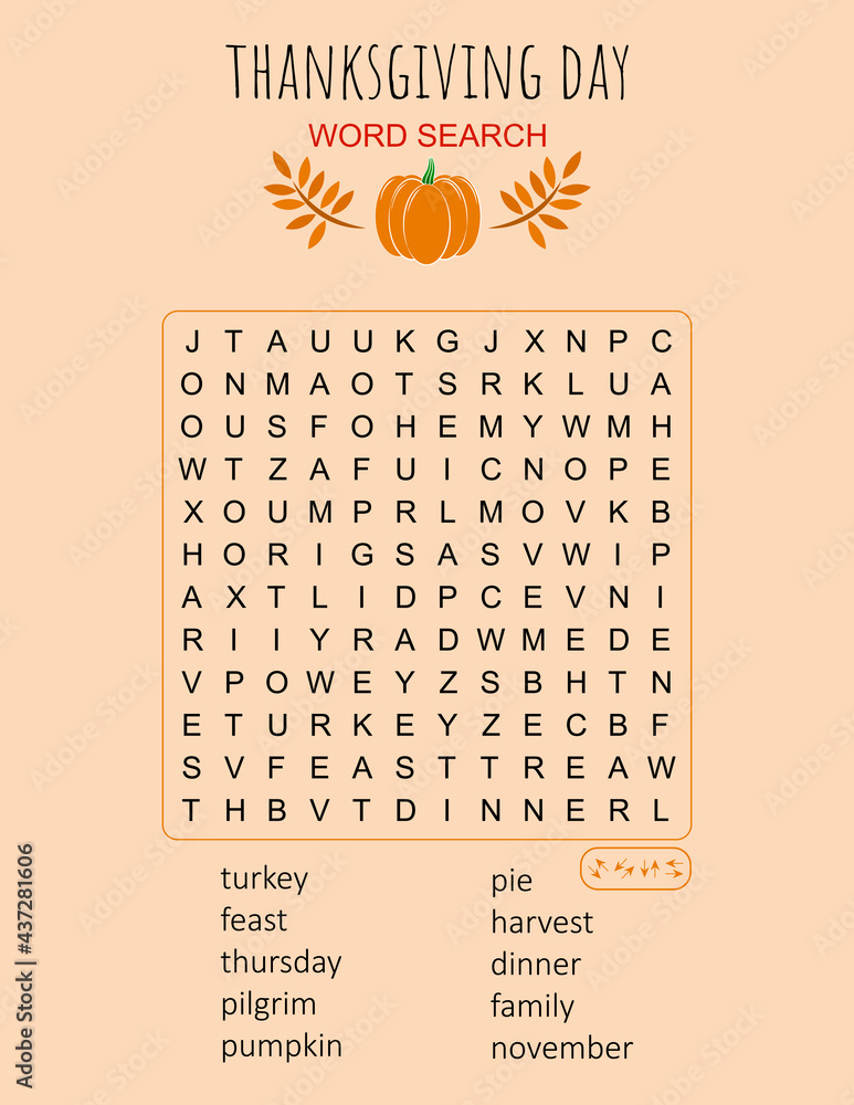 Thanksgiving Day word search puzzle. Logic game for learning English ...