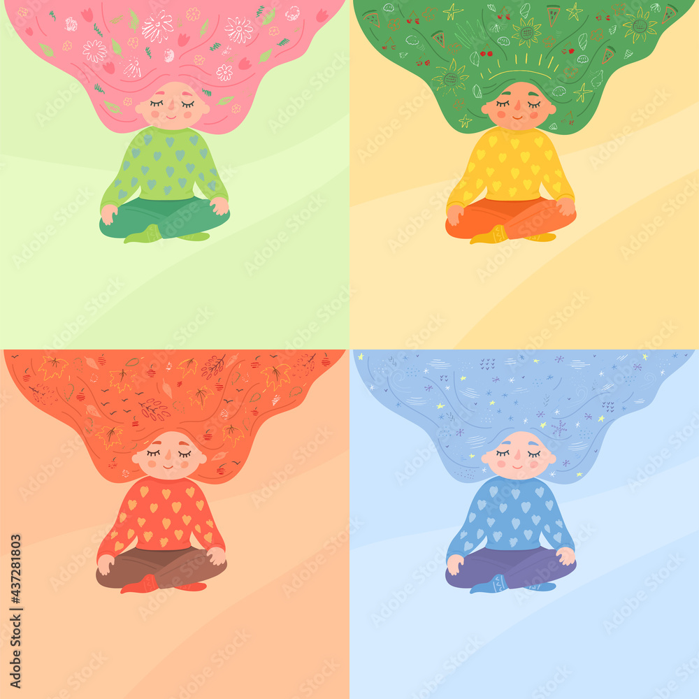 Four seasons. Spring, summer, fall and winter meditation. Cute girl ...