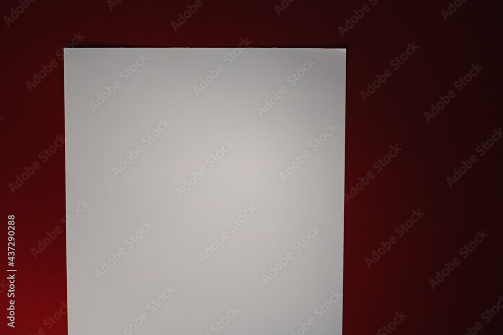 Blank A4 paper, white on red background as office stationery flatlay ...
