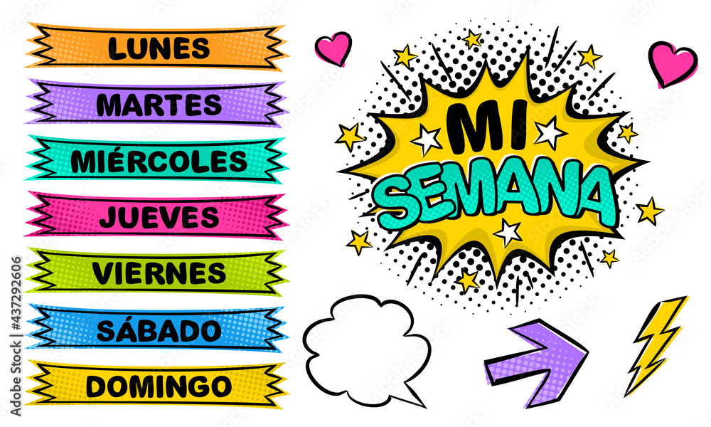 Spanish Weekday labels. Set of comic stickers for week planner. Title ...