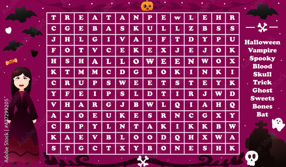 Word seach game for kids with cute vampire character for halloween ...