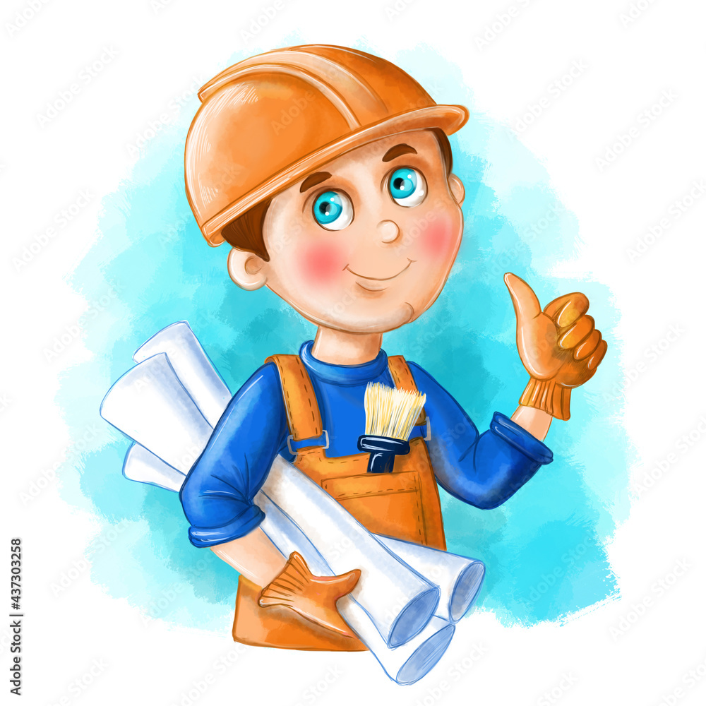 Children's illustration of a cartoon image of a builder, a man in the ...