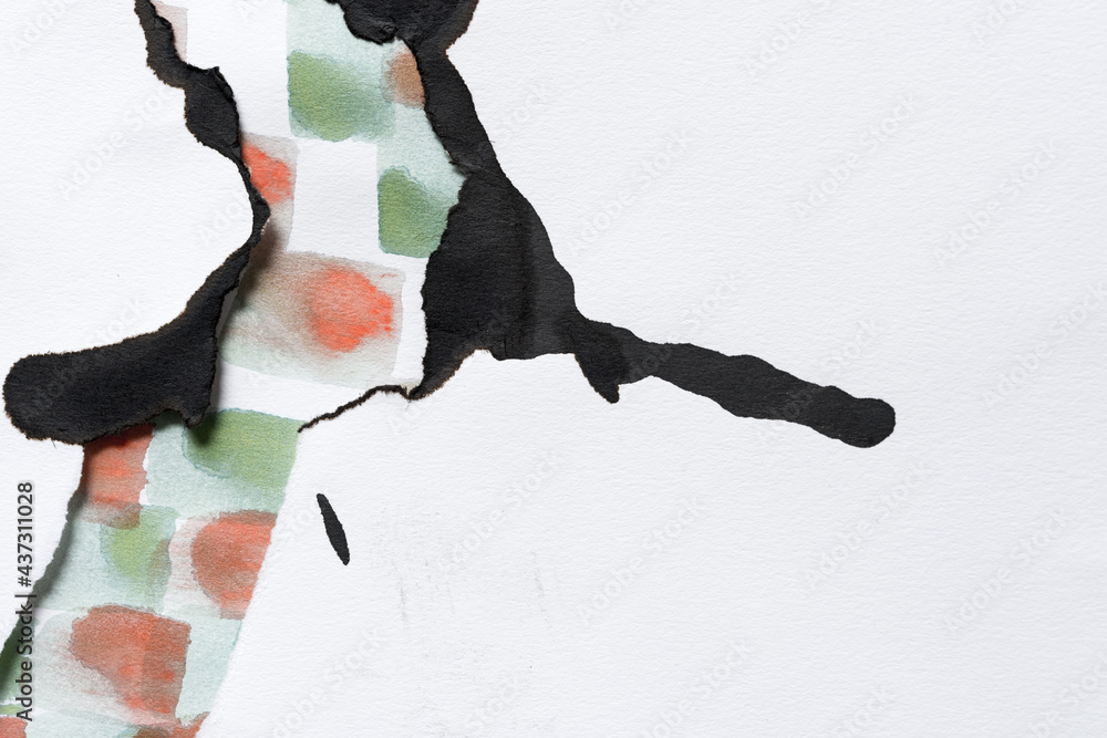 mixed media with black ink stain, torn paper, watercolour, and white ...