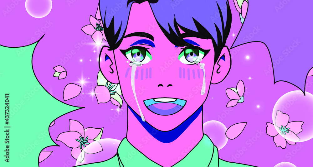 Crying blue-haired young man in anime style. A scene with falling ...