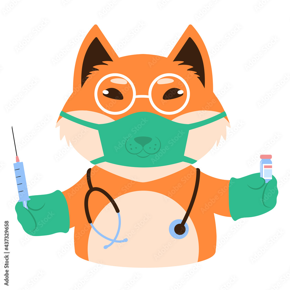 Vector illustration of a cute cartoon red fox in a face mask with a ...