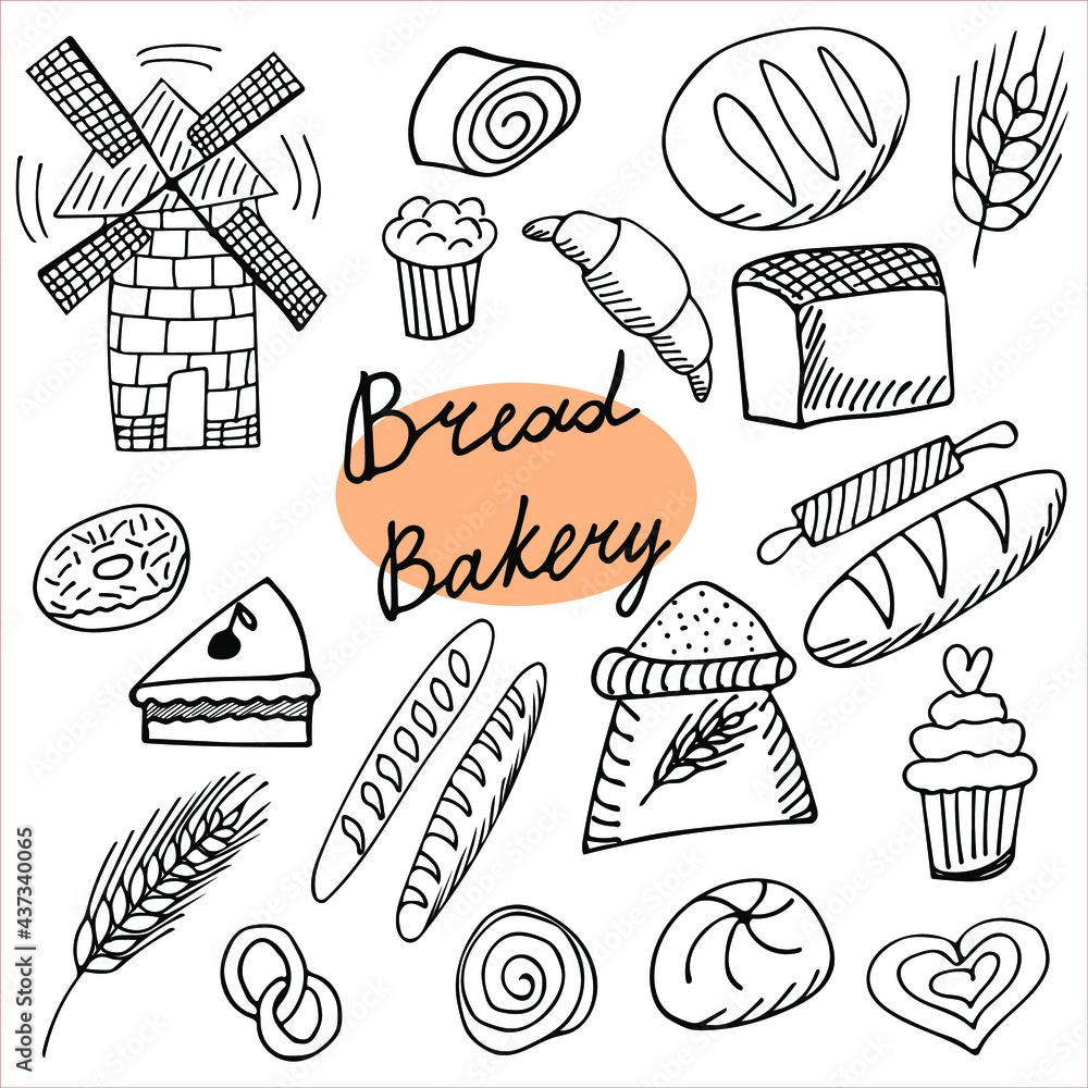 Cute vector set on the theme of bakery products, baking. Doodle sketch ...
