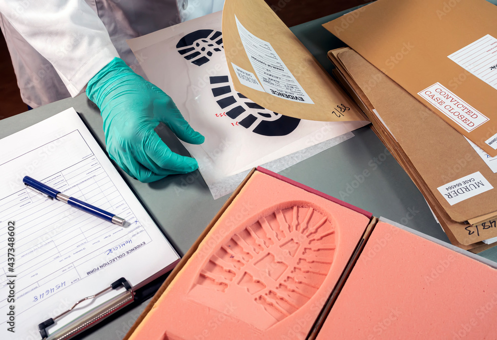 Forensic scientist investigates shoeprint mould evidence in crime lab ...