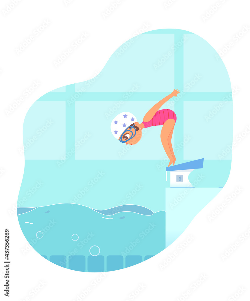 Plakat Girl ready to dive into water in swimming pool. Child jumping ...