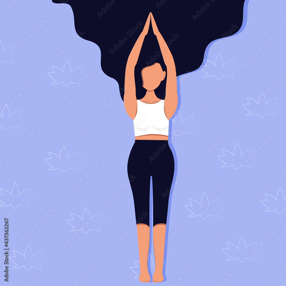 Vector.Cartoon girl in tree pose, hands up, folded palms, yoga ...