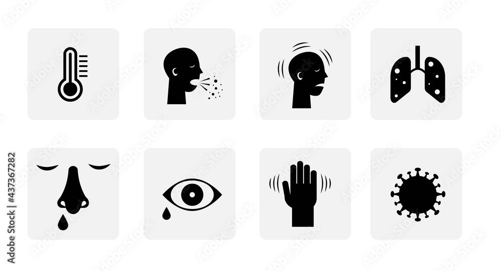 Vector black medical icons of disease signs on gray squares. Fever ...