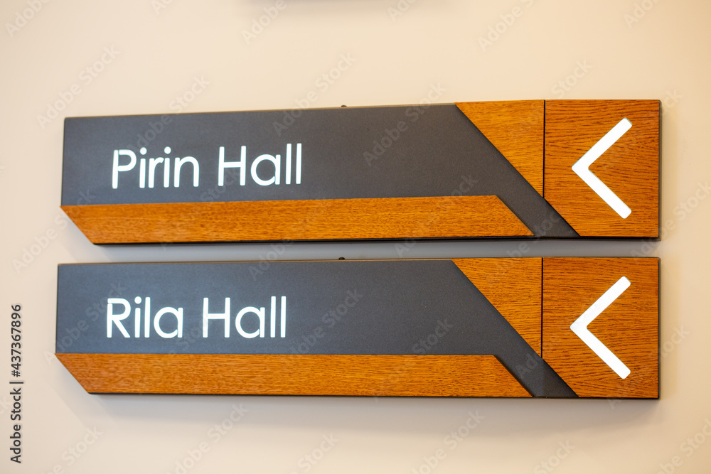 SOFIA, BULGARIA - Mar 29, 2021: Closeup of "Pirin Hall" and "Rila Hall ...