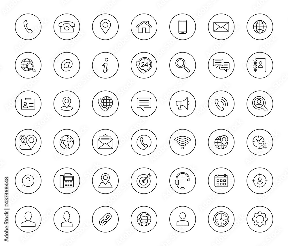 Set of 42 line contact icons in circle shape. Black vector symbols ...