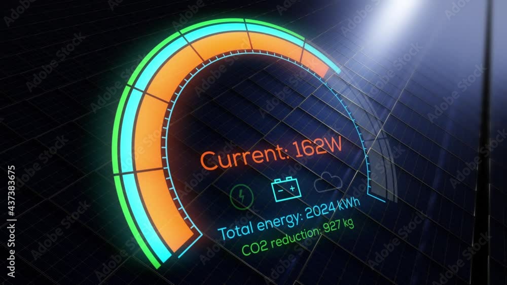 Solar panels and screen showing current power and CO2 reduction. Green ...