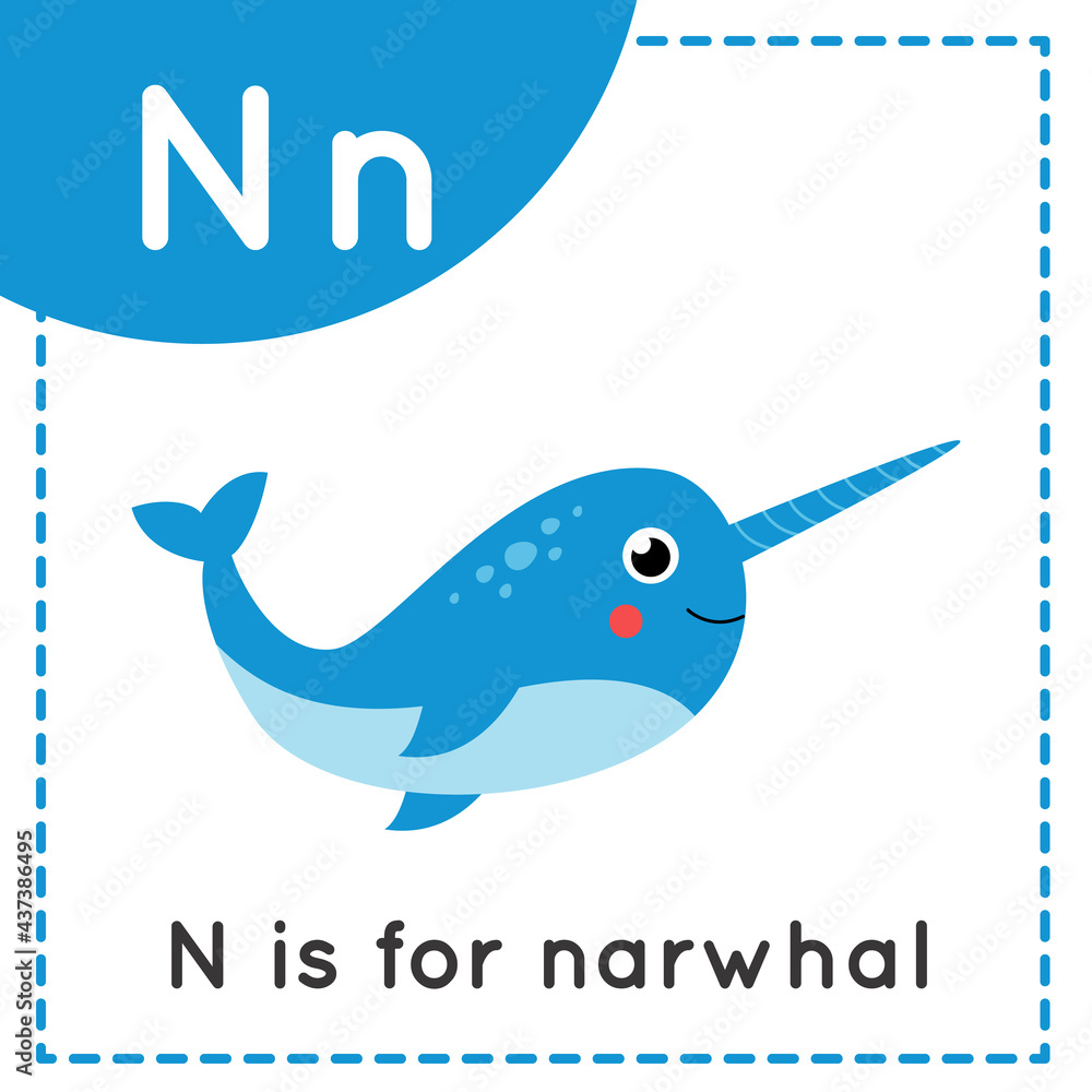 Learning English alphabet for kids. Letter N. Cute cartoon narwhal ...
