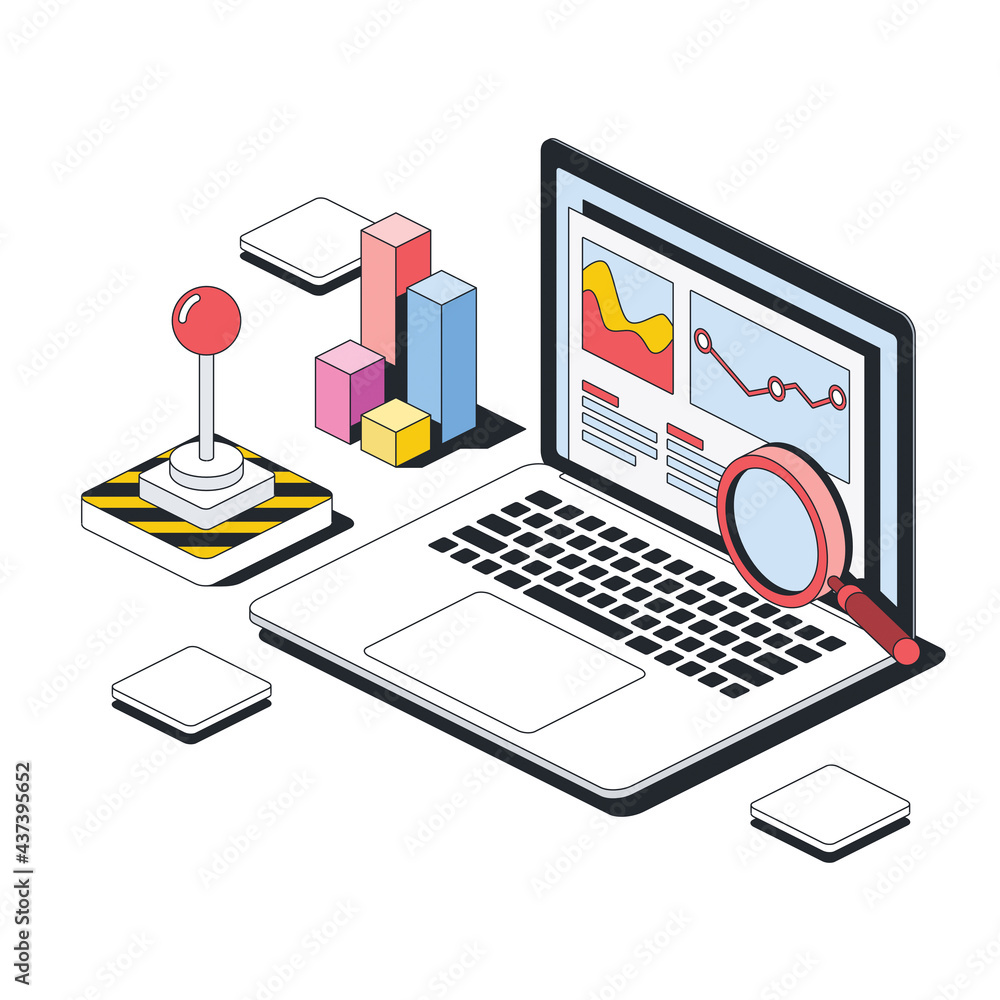 Laptop screen, graphs and charts, analyst magnifier, finance control ...