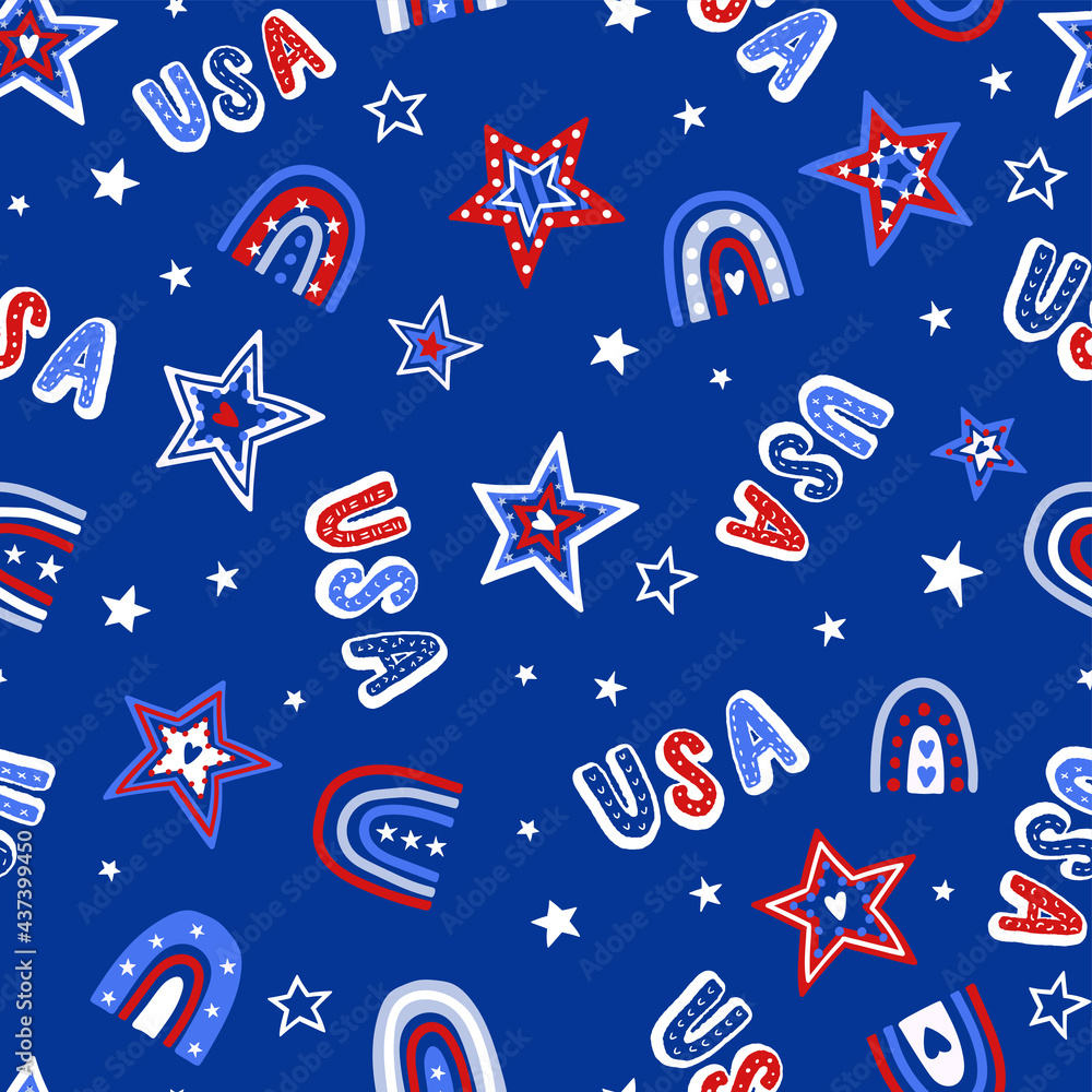 Cute hand drawn seamless pattern with doodle stars, letters and ...