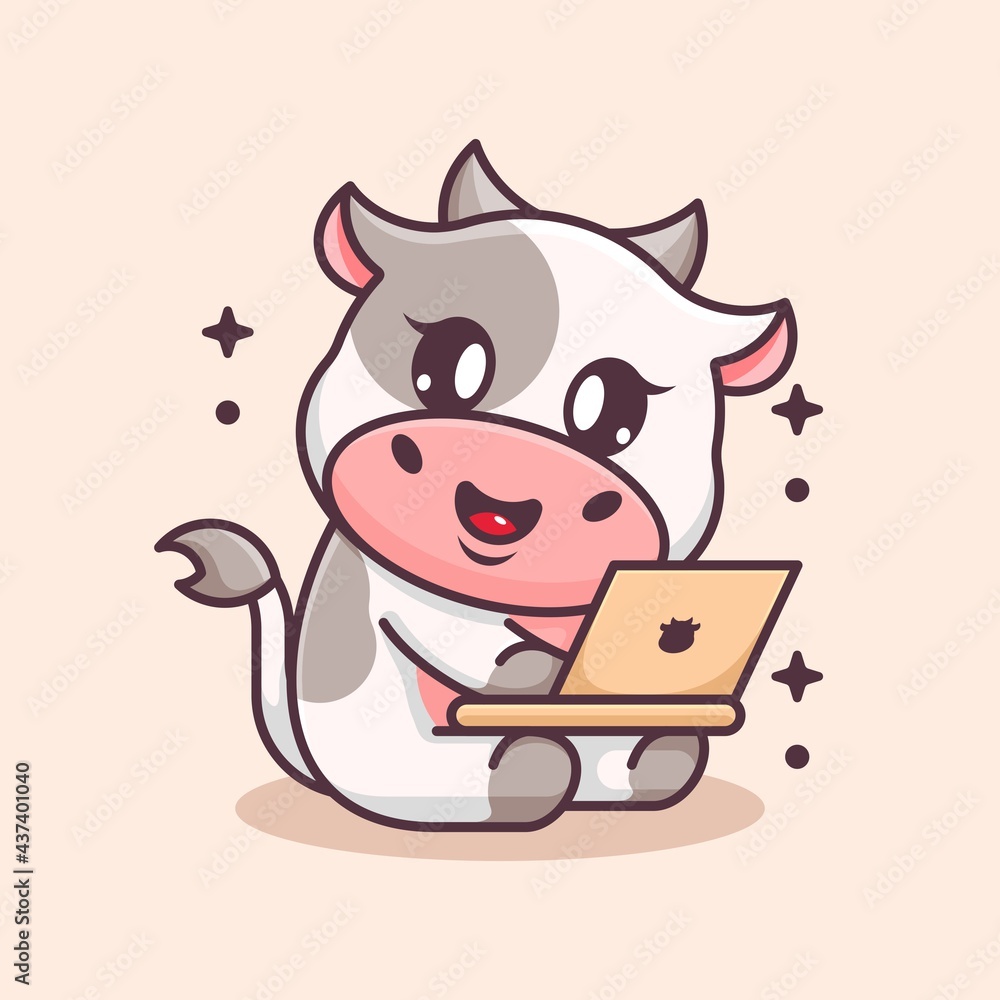 Cute cow working on a laptop cartoon Stock Vector | Adobe Stock