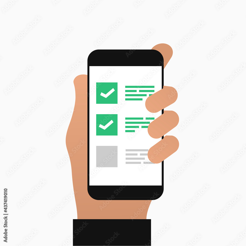 Hand holding smartphone with checklist on screen. Mobile phone and to ...