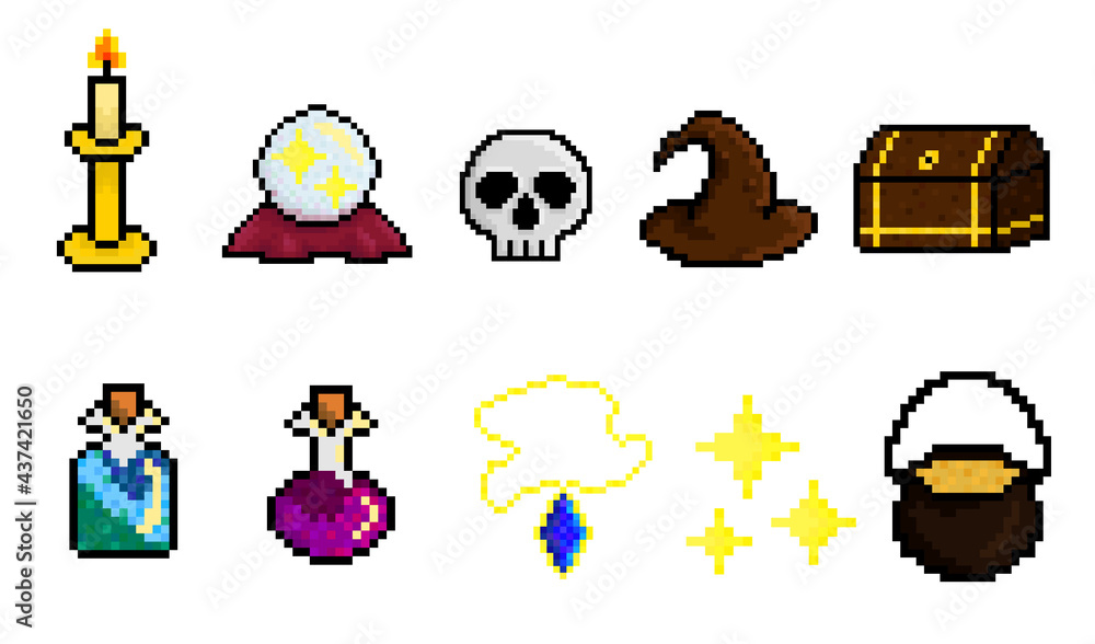 Pixel art vector illustration of witchcraft items set for a game ...