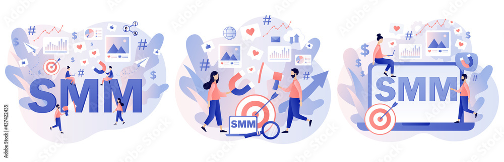 SMM concept. Digital marketing, online advertising. Tiny people work ...