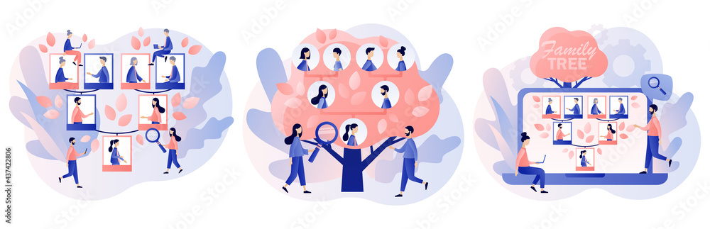 Family tree. Genealogy. Pedigree. Tiny people: grandparents, parents ...