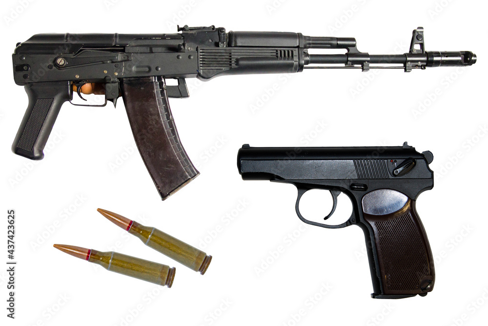 Submachine gun and pistol with cartridges on a white background Stock ...