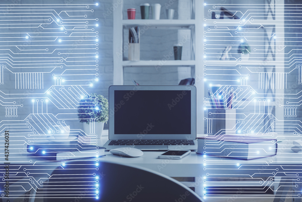 Double exposure of tech theme drawings and office interior background ...