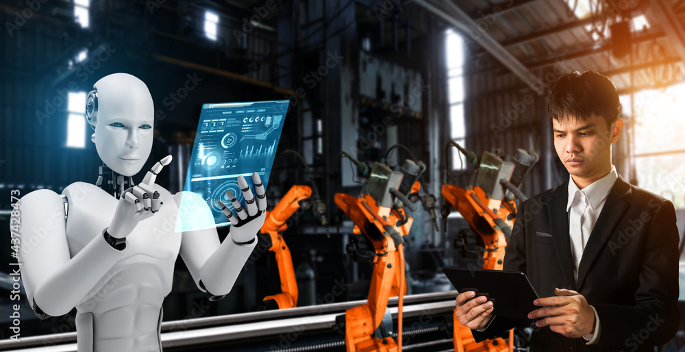 Mechanized industry robot and human worker working together in future ...