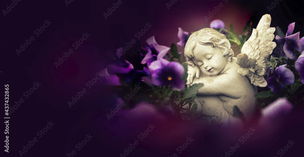 Condolence card with little angel sleeping in flowers, background with ...