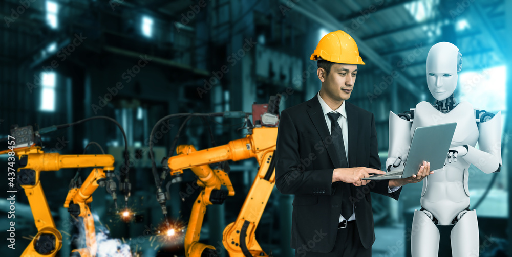 Mechanized industry robot and human worker working together in future ...