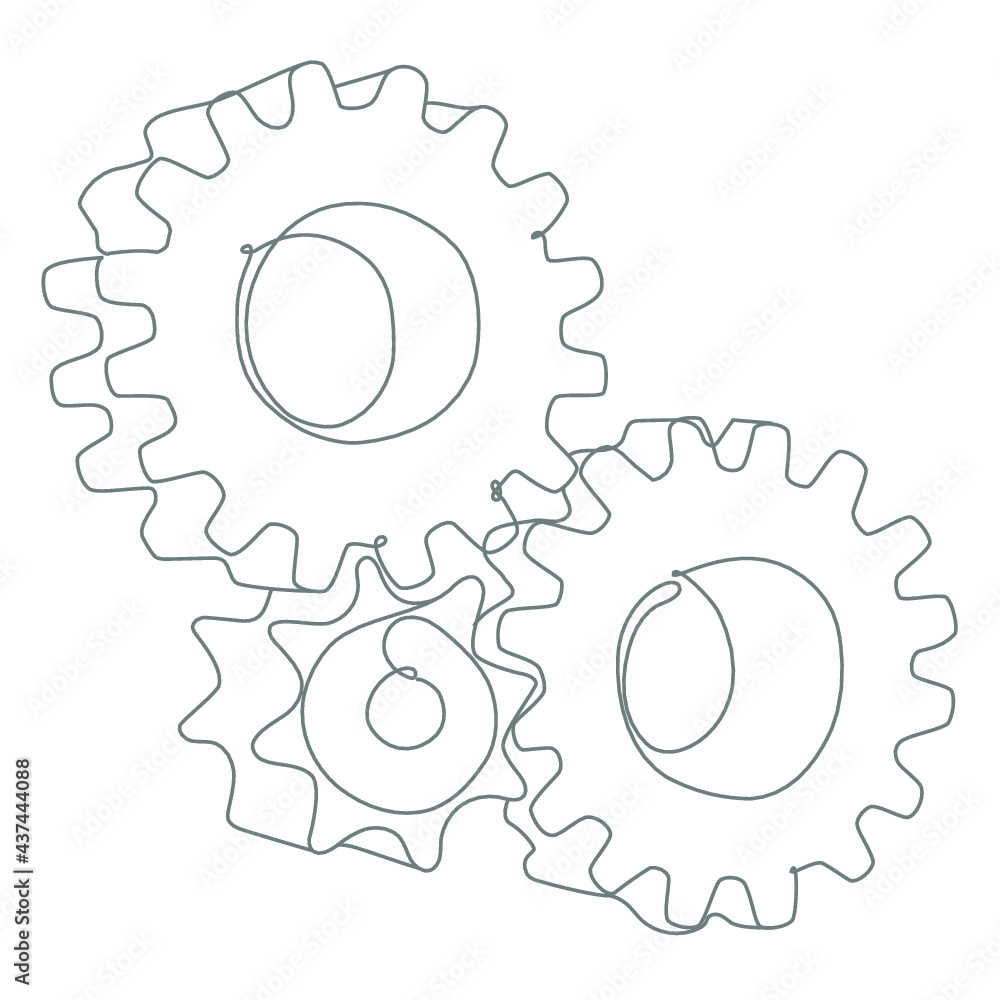 Gears and cogs as a single line drawing showing three wheels ...