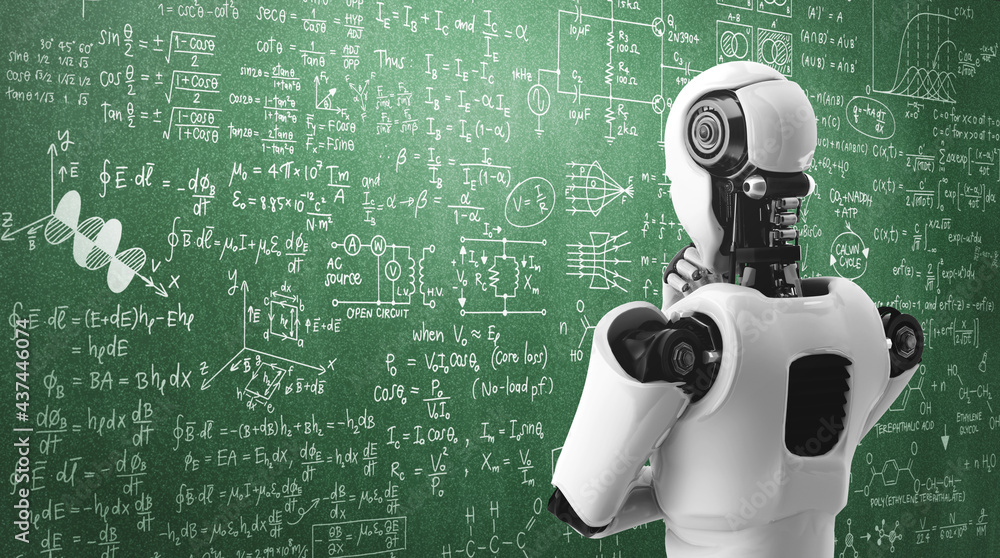 Thinking AI humanoid robot analyzing screen of mathematics formula and ...