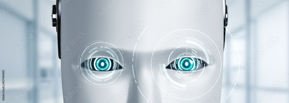 Robot humanoid face and eyes close up view 3D rendering. AI thinking ...