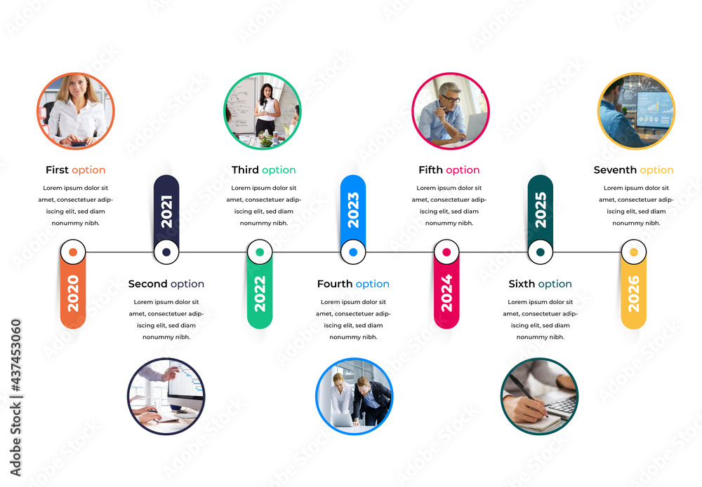 Horizontal Timeline Layout with Colored Labels and Photo Placeholders ...