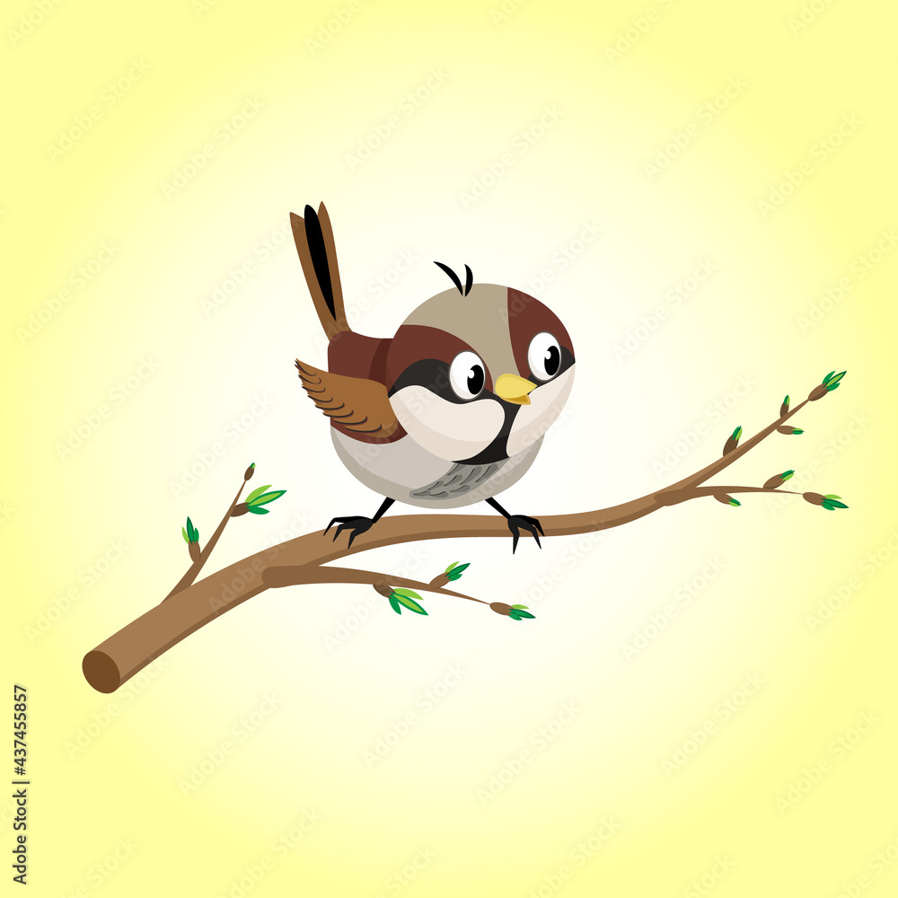 Cartoon sparrow on a branch in the spring. Vector illustration of a ...