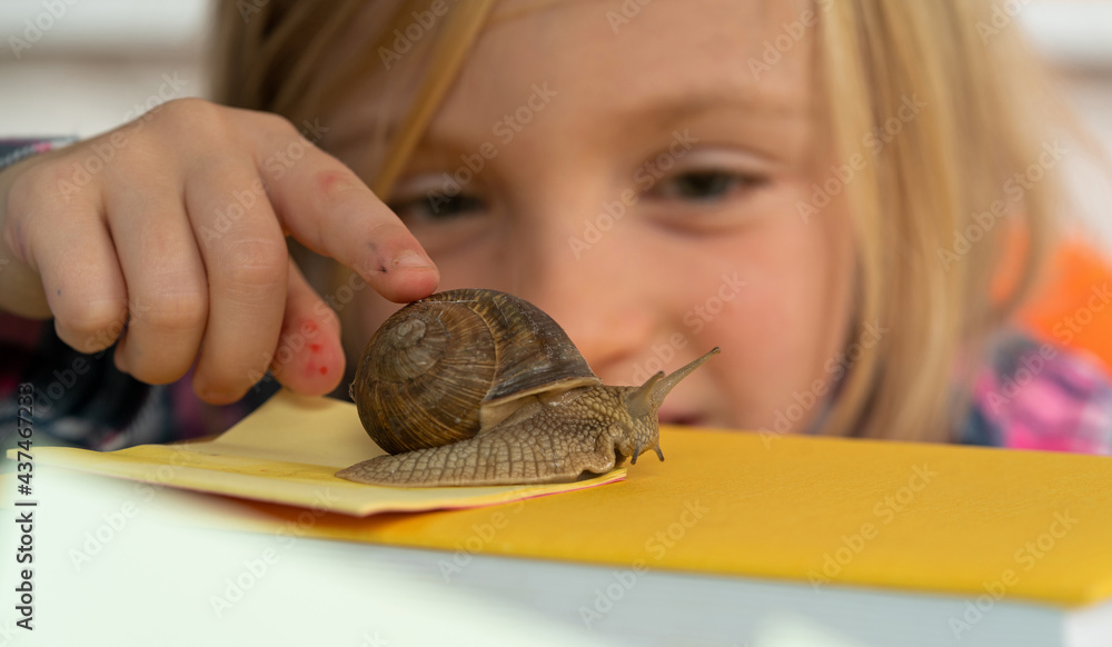 Happy little girl in school play with playing with snail. Little girl ...